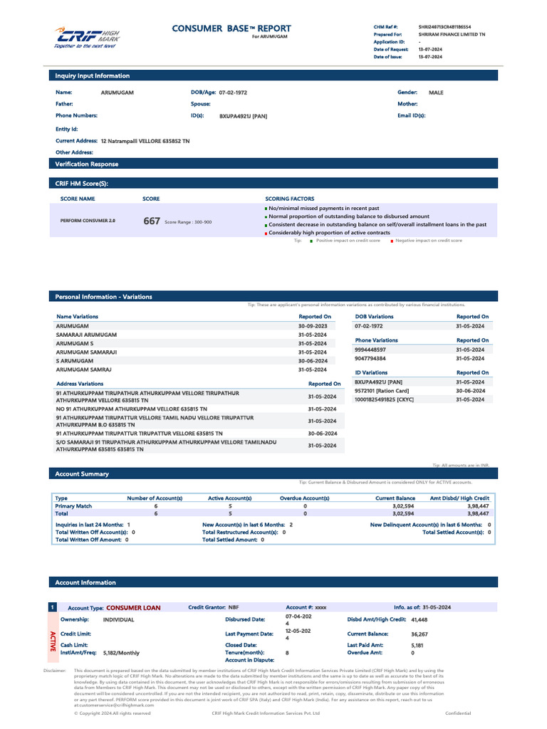 Arumugam - SHRI240713CR481186554 | PDF | Credit | Finance & Money ...