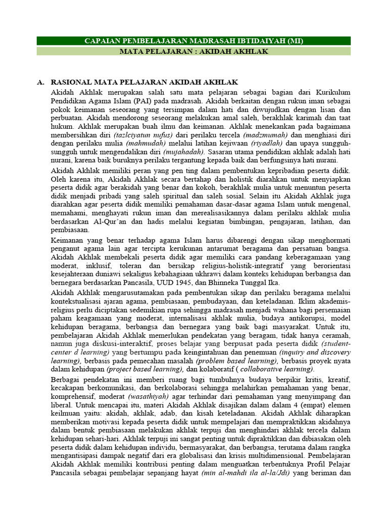 Capaian Pembelajaran Akidah Akhlak MI | PDF