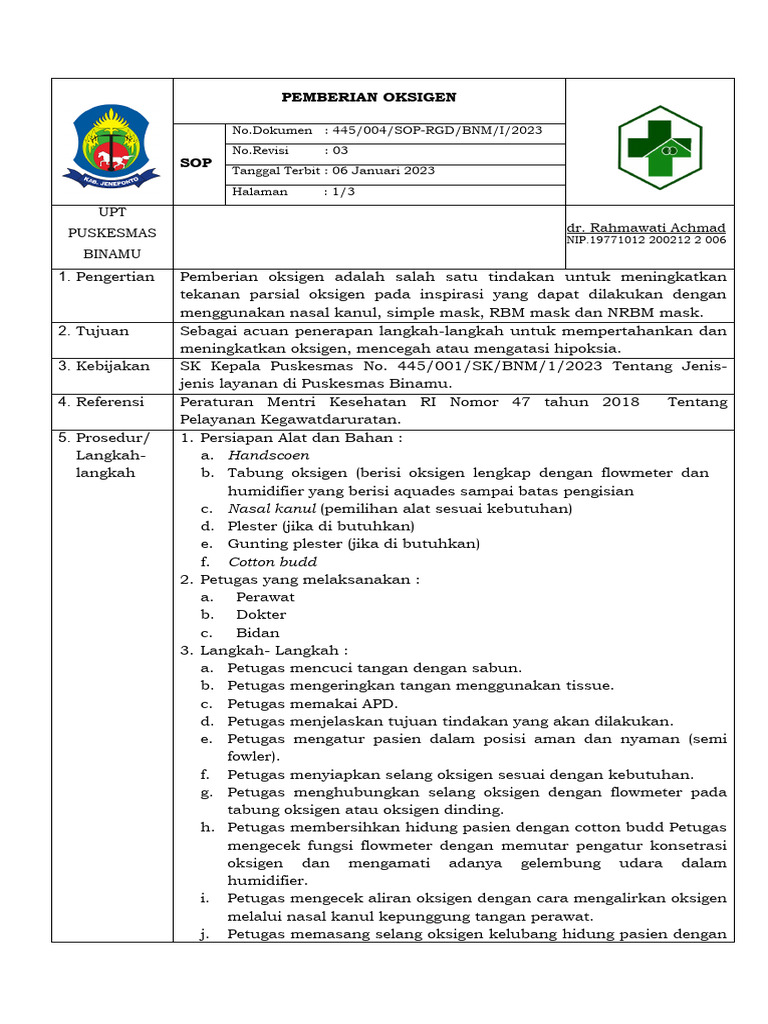 Sop Pemberian Oksigen | PDF