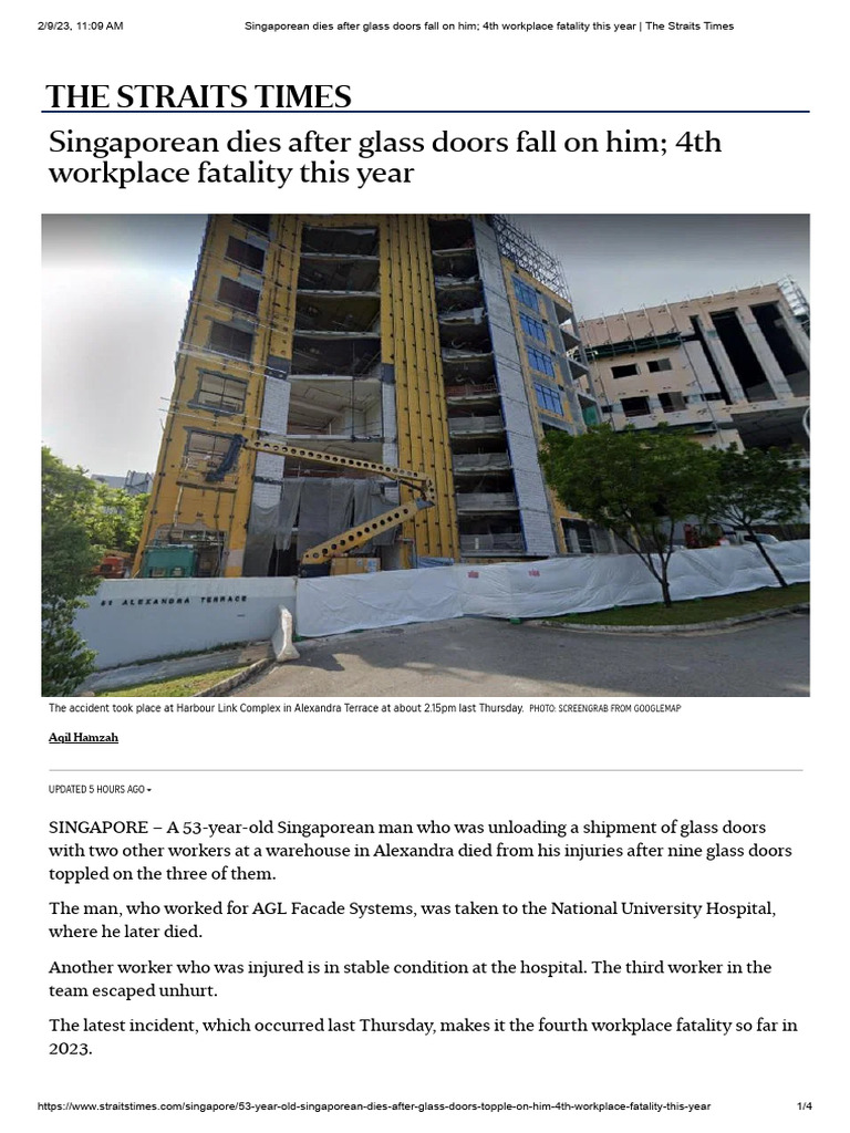 ST - Sporean Dies After Glass Doors Fall On Him 4th Workplace Fatality ...