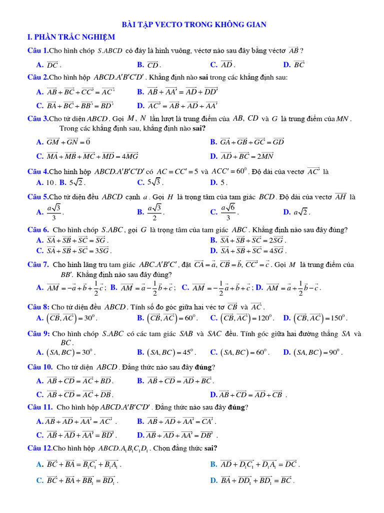 BÀI TẬP VECTO TRONG KHÔNG GIAN | PDF