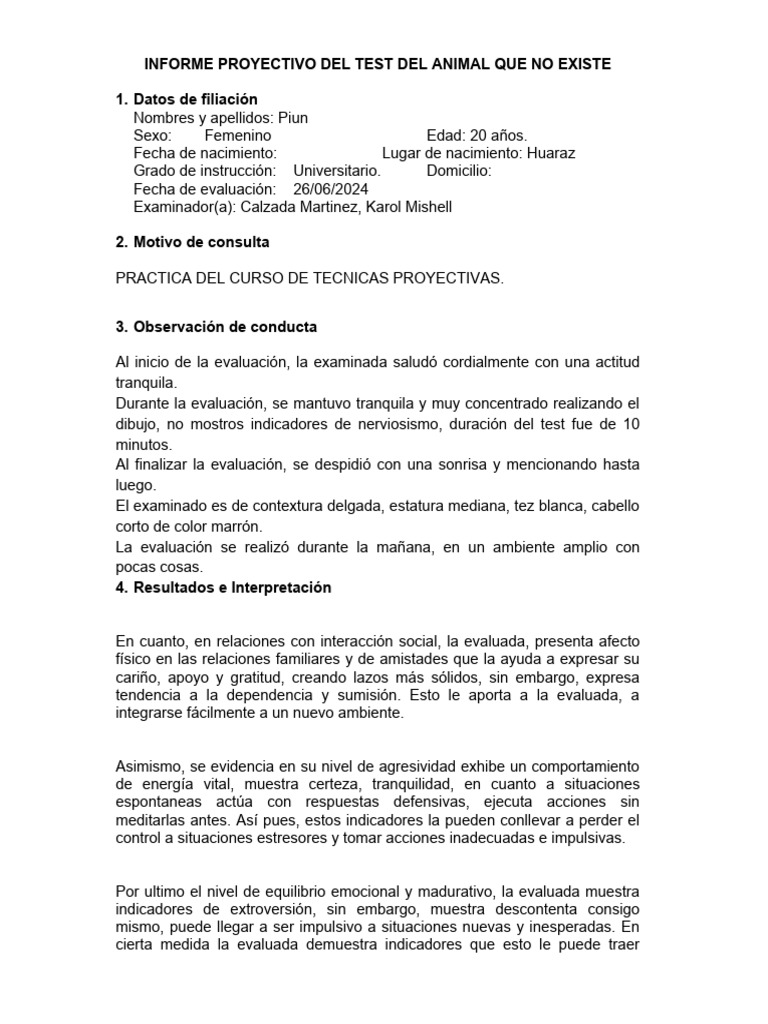 MODELO DE INFORME DEL TEST DEL ANIMAL QUE NO EXISTE | Descargar gratis ...