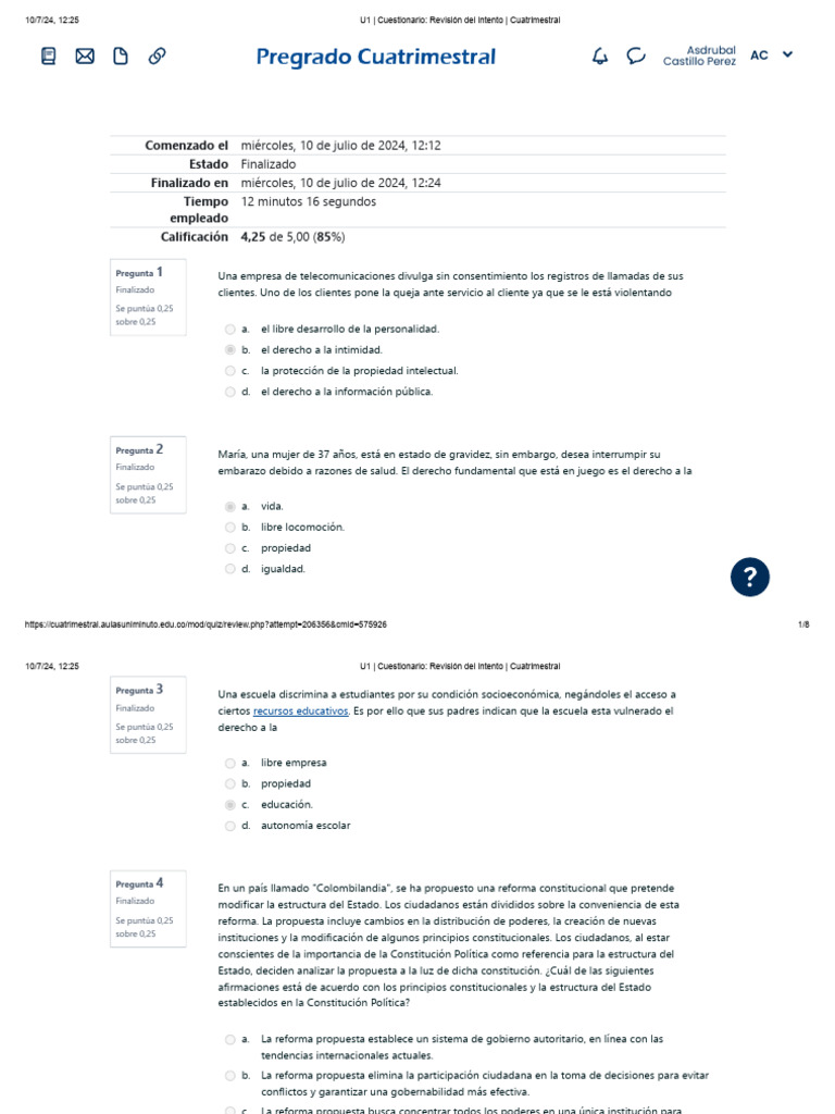 U1 - Cuestionario - Revisión Del Intento - Cuatrimestral | PDF | Constitución | Debido al proceso