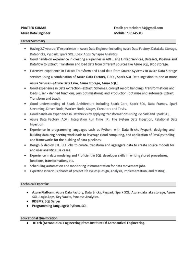 Azure Data Engineer Resume | PDF | Apache Spark | Microsoft Azure