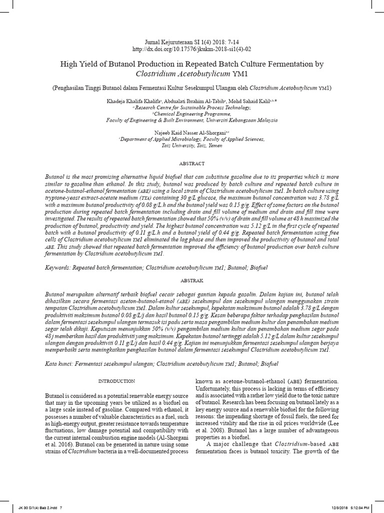 High Yieldof Butanol Productionin Repeated Batch Culture Fermentationby ...