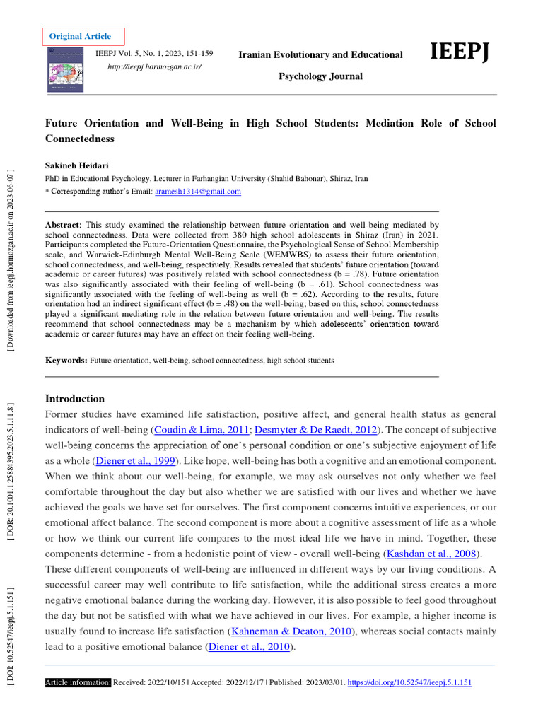 Future Orientation and Well-Being in High School S | PDF | Adolescence | Well Being