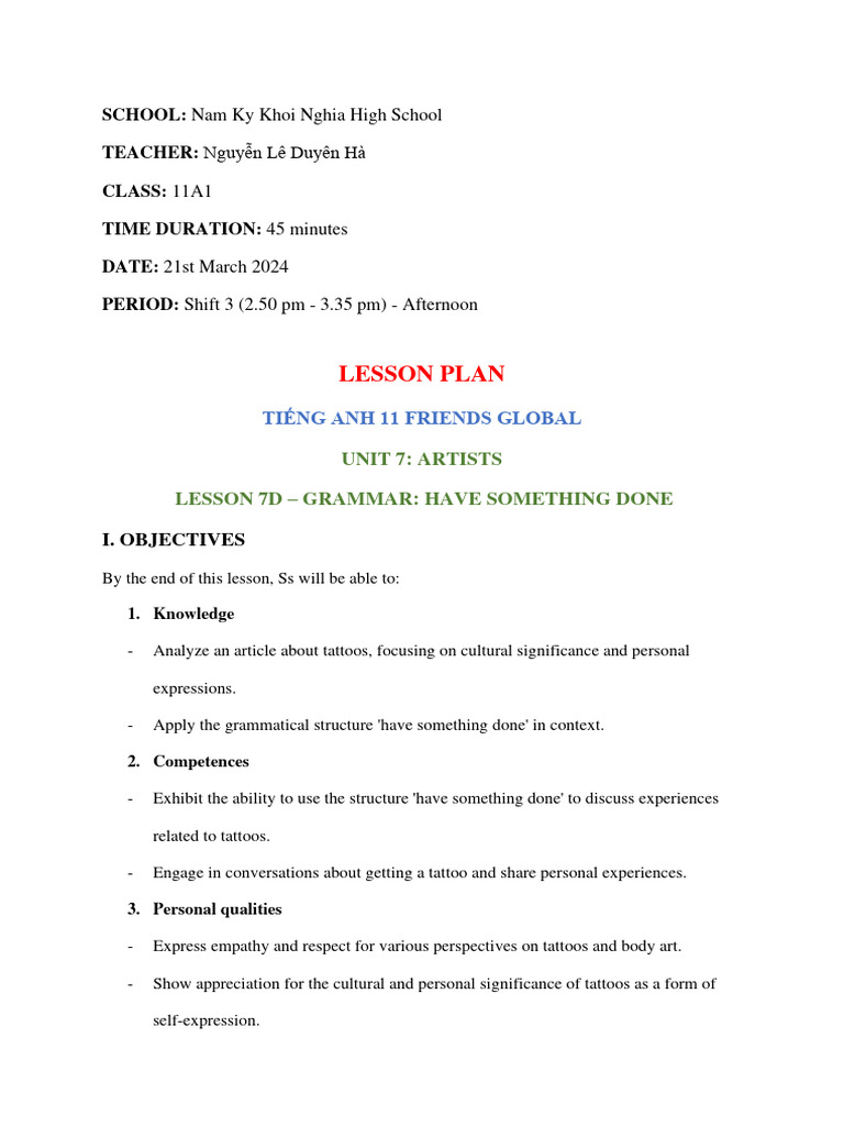 LESSON PLAN UNIT 7D - GRAMMAR | PDF | Tattoo | Human Communication