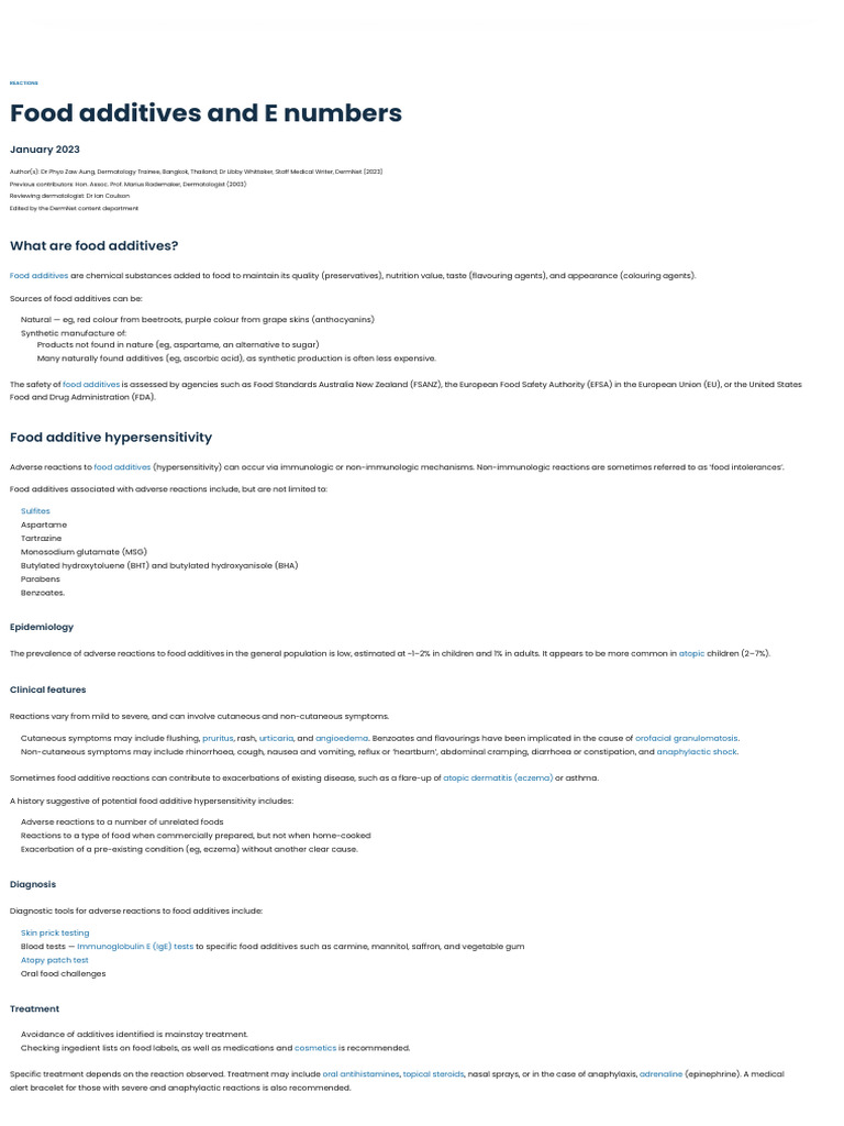 DermNet® - Food Additives and E Numbers - DermNet | PDF | Sugar Substitute | Food Science
