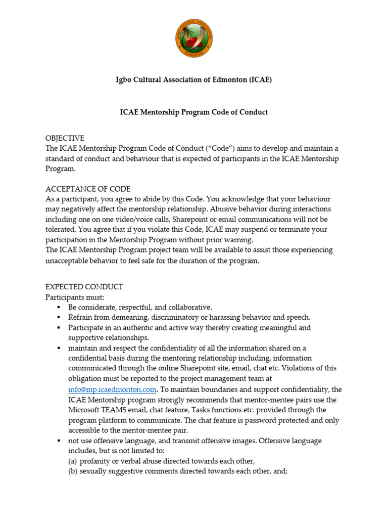 Code of Conduct - ICAE Mentorship Program 2023july17 | PDF | Mentorship ...