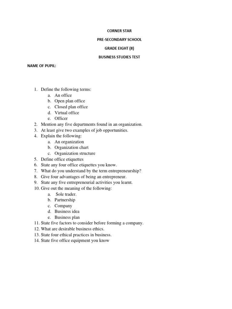 Grade 8 Business Studies Test | PDF