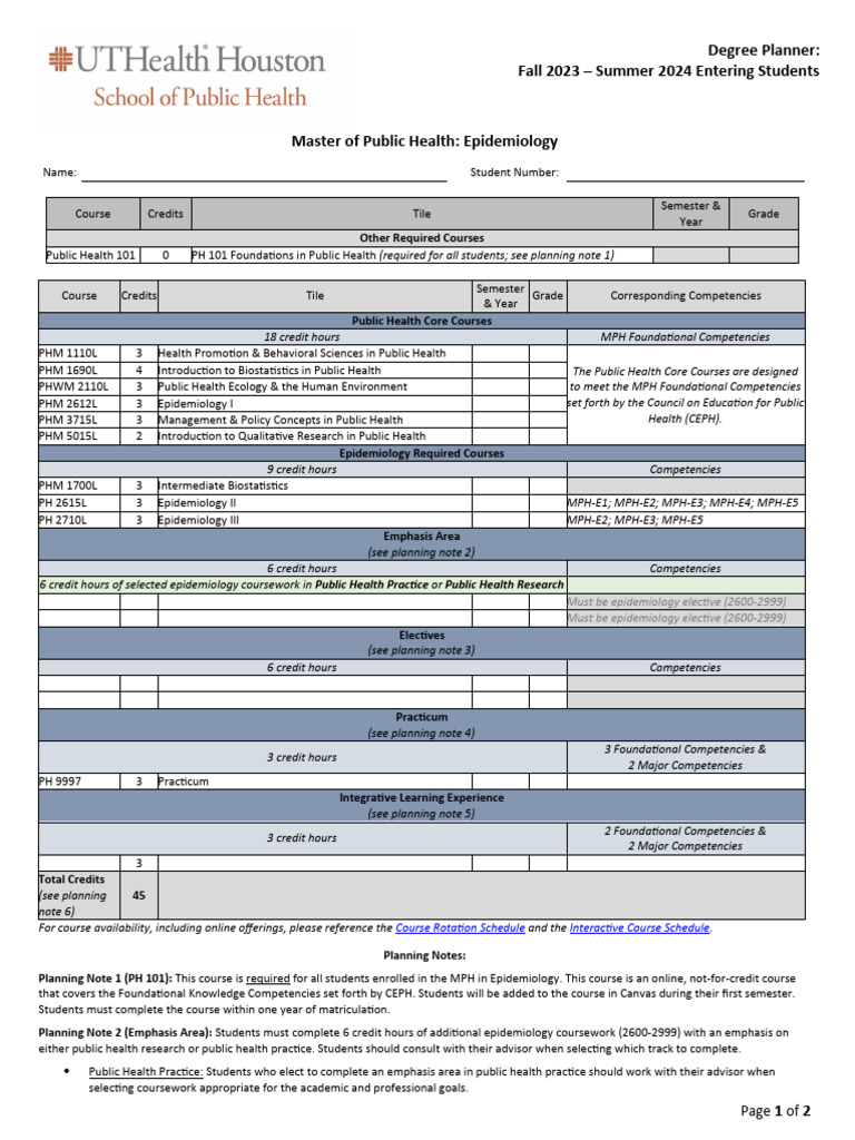 Planner MPH EPID 2023-2024 | PDF | Course Credit | Public Health