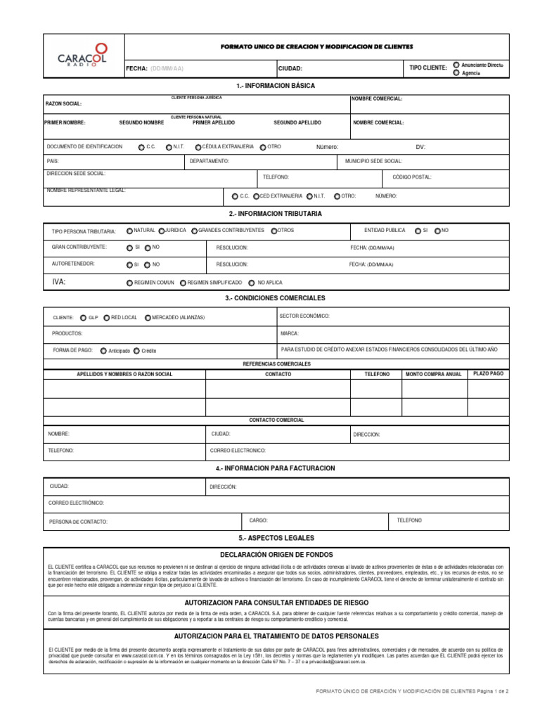 FORMATO CREACION CLIENTE NUEVO Act | PDF | Documento de identidad