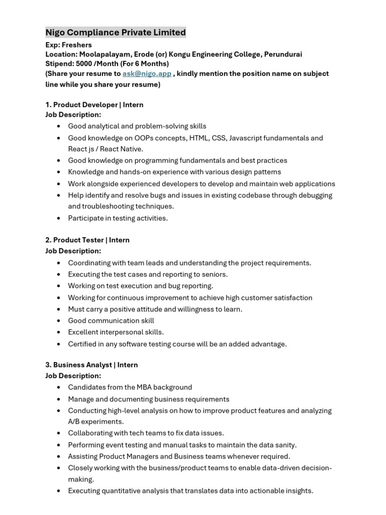 Incubatee - Nigo - Internship Job Description | PDF | Recruitment | Sales