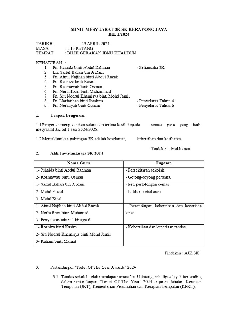 MINIT MESYUARAT 3K SK KERAYONG JAYA bil 1 | PDF