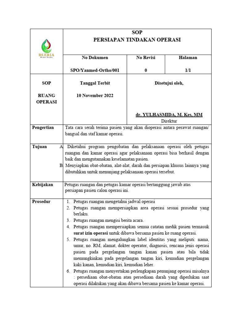 SOP Serah Terima Pasien Operasi | PDF