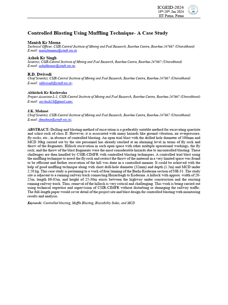 Abstract-Controlled Blasting Using Muffling Technique- A Case Study | PDF