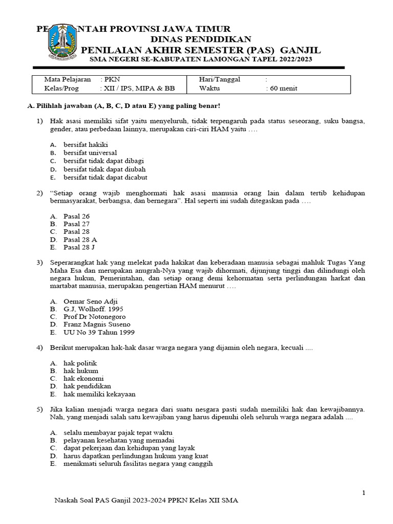 Soal PAS PKN Kelas XII SMA 2023/2024 | PDF | Politik