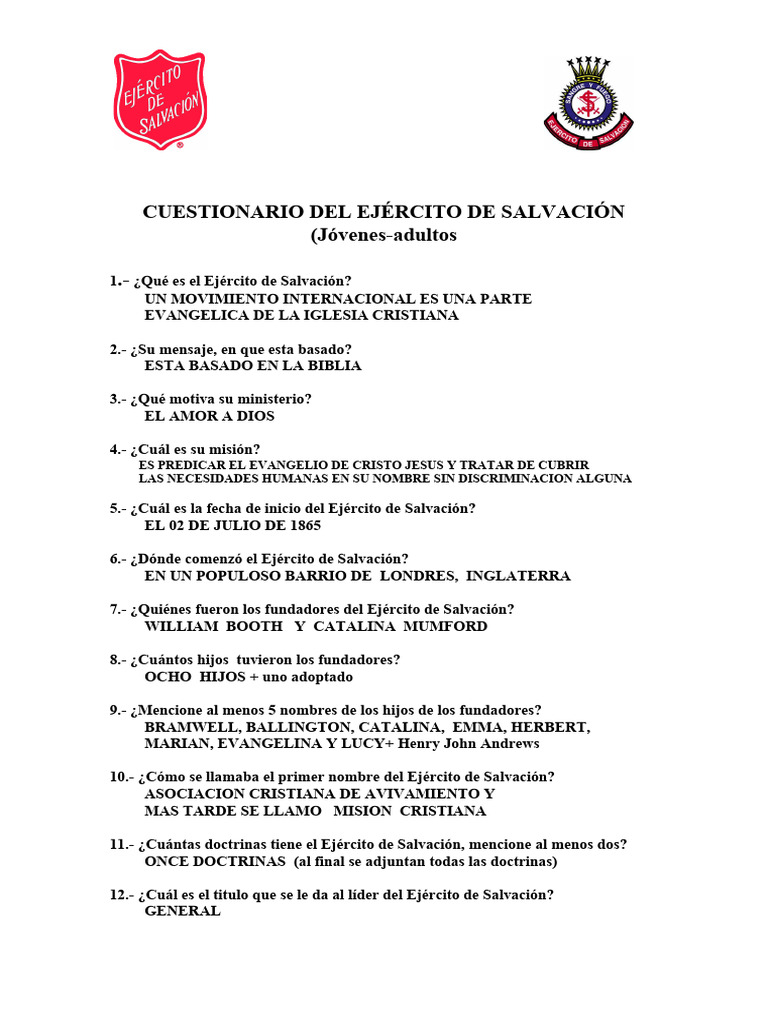 CUESTIONARIO DEL EJERCITO DE SALVACION - (Jovenes-Adultos) | PDF ...