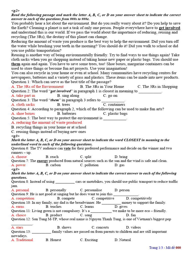 ĐỀ KTRA GK 1 - K10 - CODE 1 | PDF | Recycling | Waste