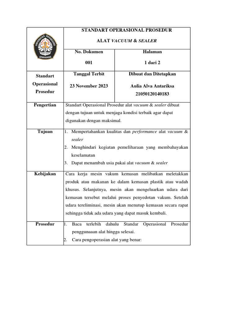 SOP Vacuum & Sealer | PDF