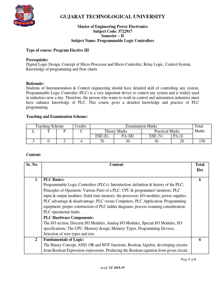 Programmable Logic Controllers (Program Elective III) SYLLABUS | PDF ... Programmable Logic Controllers (Program Elective III) SYLLABUS | PDF ...
