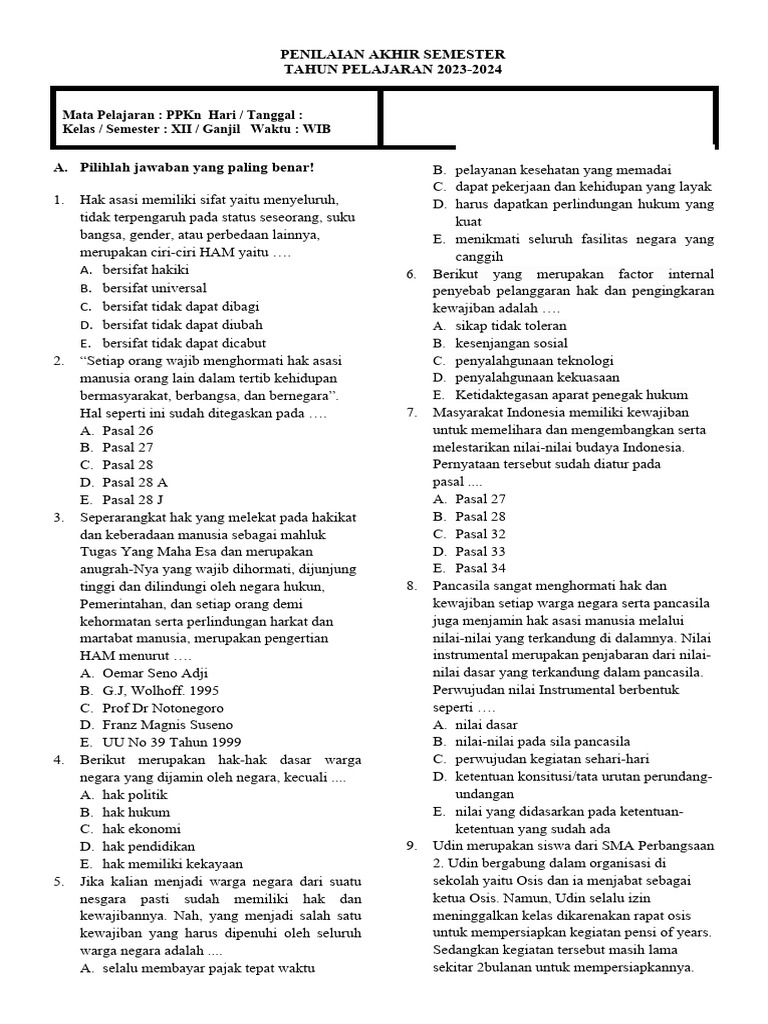 Soal PAS Ganjil PKN XII 2023 | PDF | Ilmu Sosial