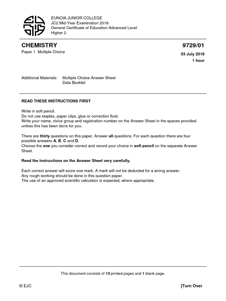 2018 EJC 2 H2 Chem Mid-Year Exam Paper | PDF | Nitrogen | Acid