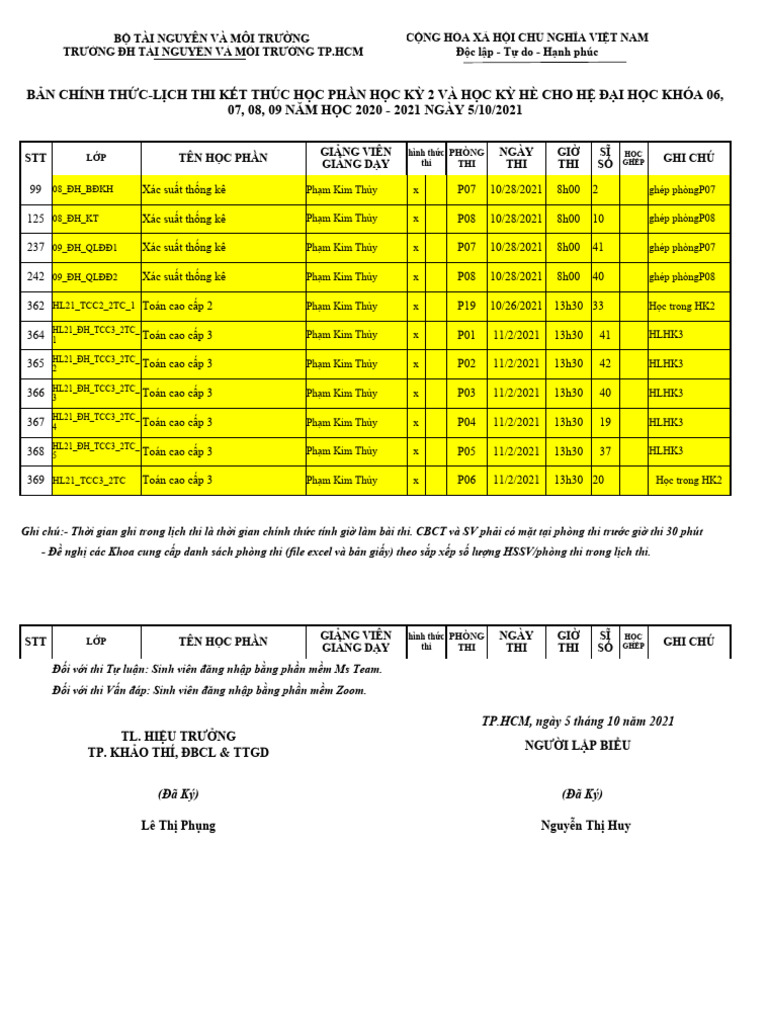 FILE - 20211005 - 151222 - BẢN CHÍNH THỨC LỊCH THI KTHP HK 2 VÀ HK HÈ KHÓA 06,07,08,09 (2020 ...