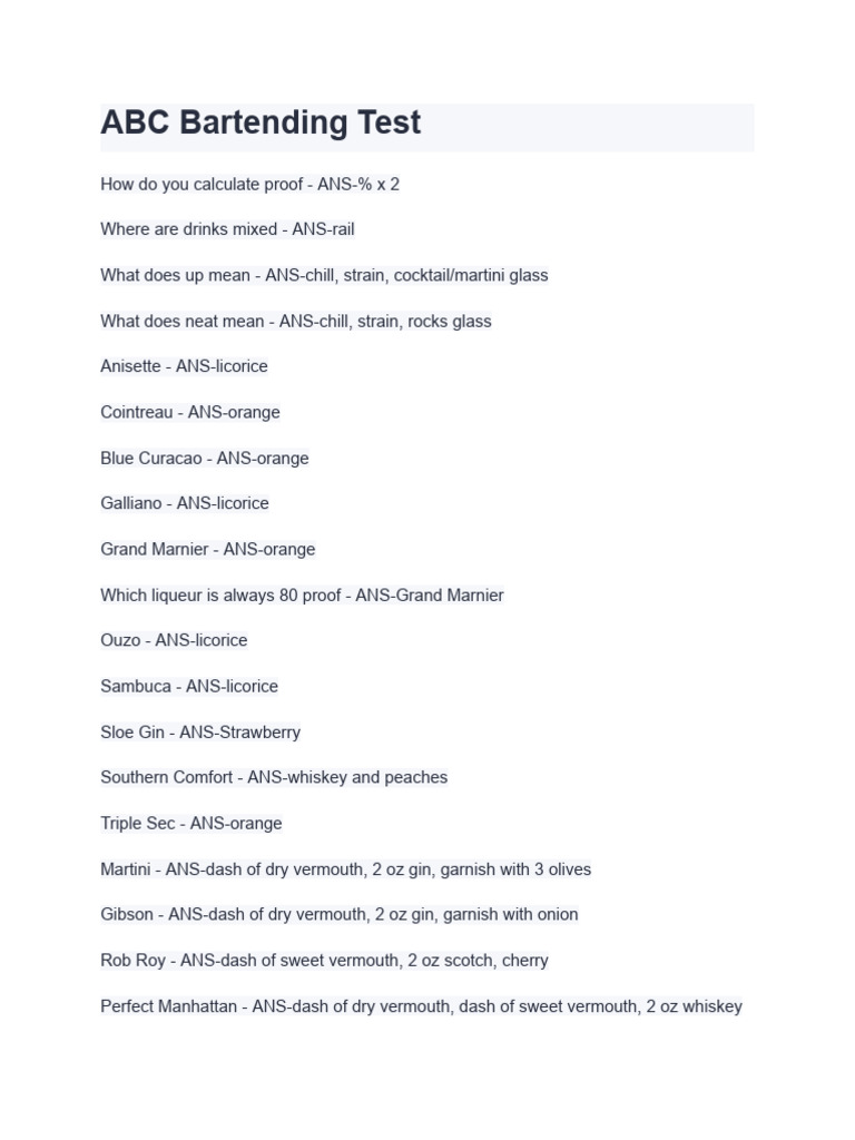 ABC Bartending Test Guide | PDF