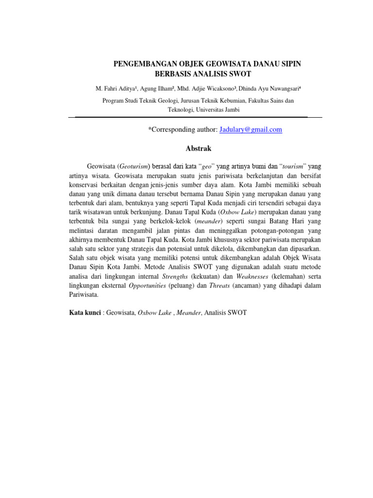 Pkm-Ai - Pengembangan Objek Geowisata Danau Sipin Berbasis Analisis Swot | PDF | Ilmu Sosial