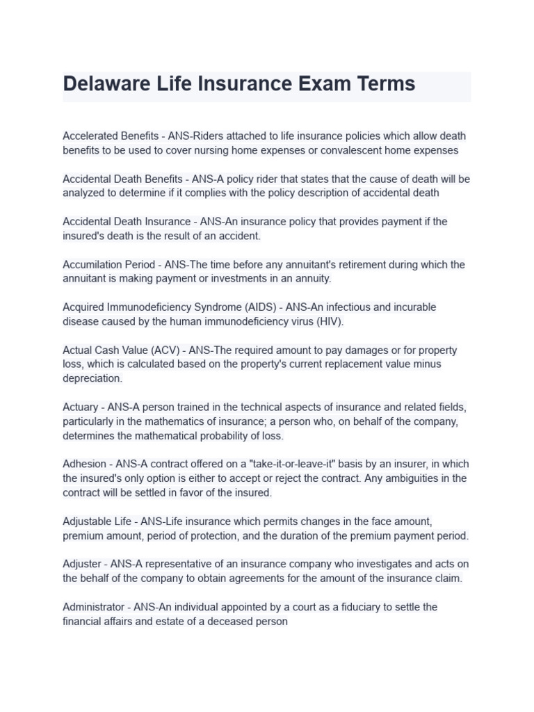 Delaware Life Insurance Exam Glossary | PDF | Insurance | Life Insurance