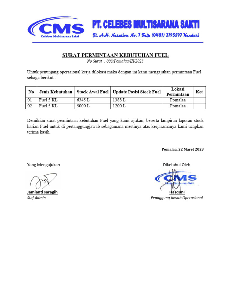 Surat Permintaan Kebutuhan Fuel | PDF