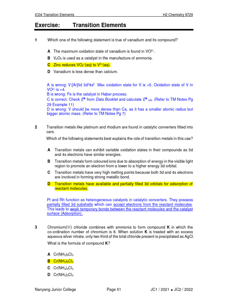 2021 Transition Elements Exercise - Answers | PDF | Transition Metals | Coordination Complex