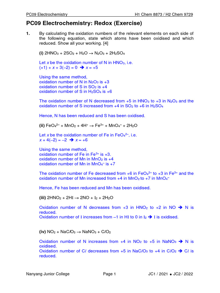 2021 Redox Exercise - Ans | PDF | Redox | Nitric Acid