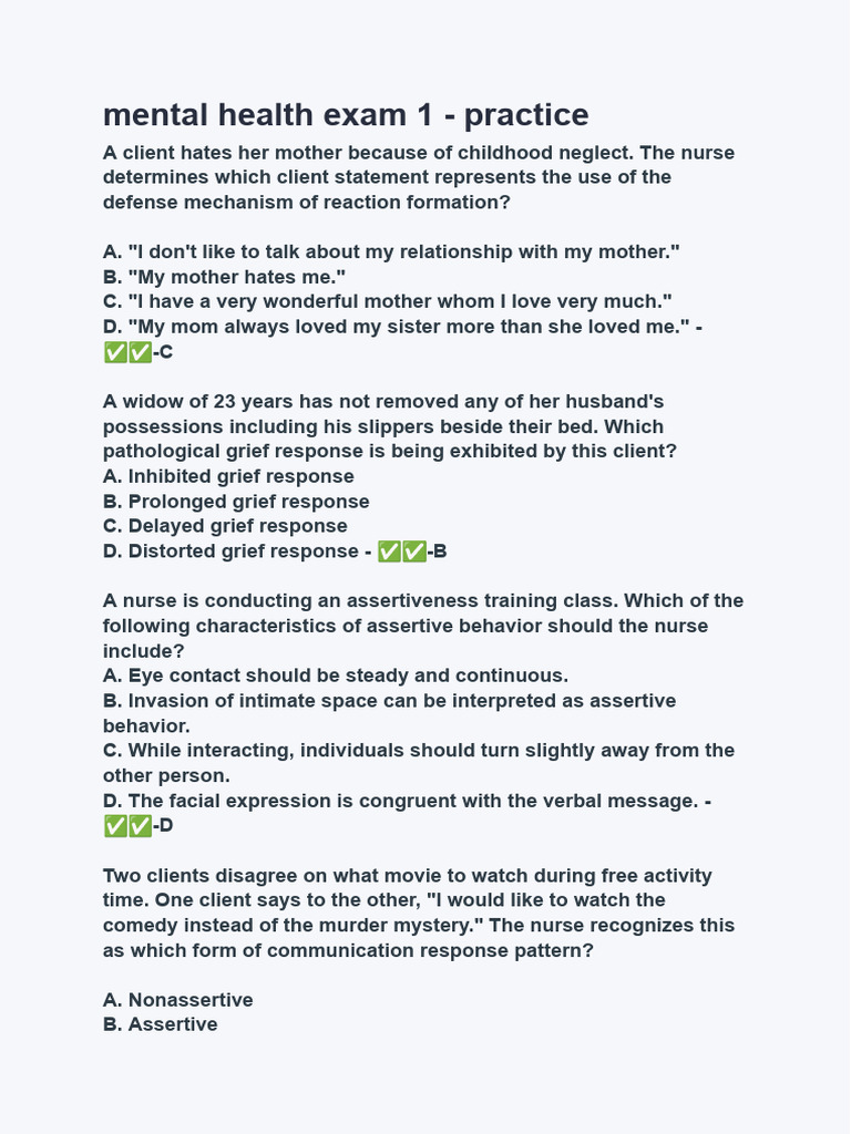 mental health exam 1 - practice (1) | PDF | Grief | Psychotherapy