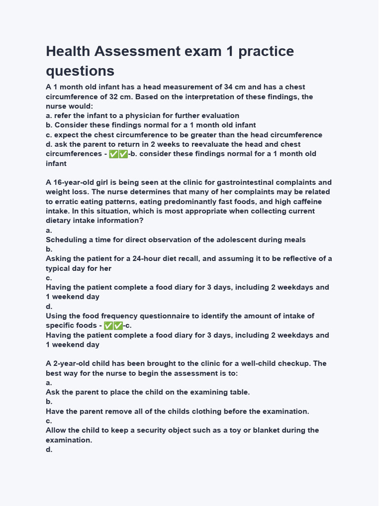 Health Assessment Exam 1 Practice 2024 | PDF | Breastfeeding | Physical ...