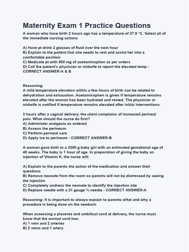 Maternity Exam 1 Practice Questions | PDF | Lactation | Breastfeeding