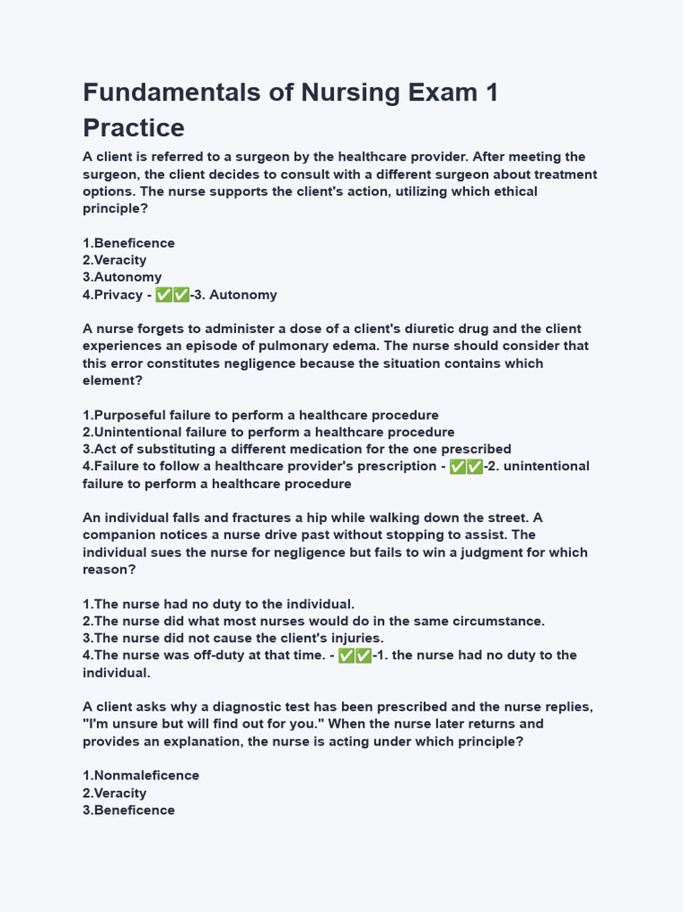 Fundamentals of Nursing Exam 1 Practice | PDF | Cardiopulmonary Resuscitation | Negligence