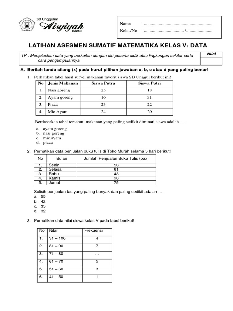 Latihan Sumatif Matematika Kelas 5 Data | PDF