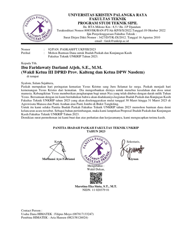 Proposal Paskah Untuk Ibu Faridawaty Darland Atjeh, S.E., M.M. | PDF