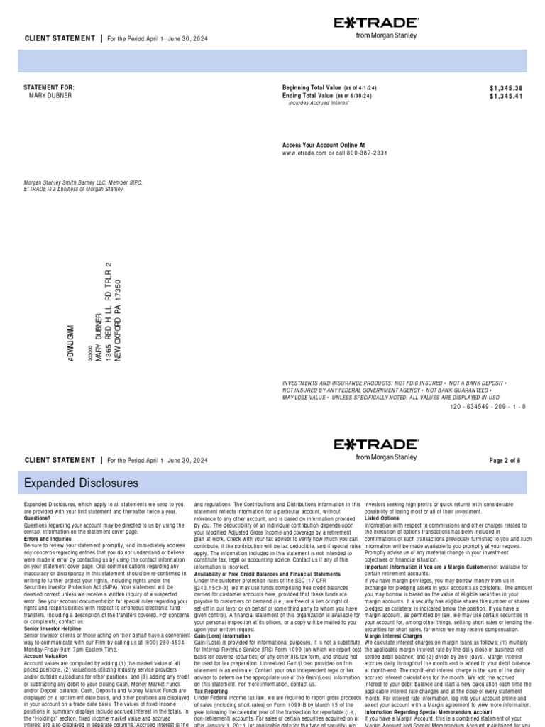 E*TRADE Client Statement Q2 2024 | PDF | Securities (Finance) | Margin ...