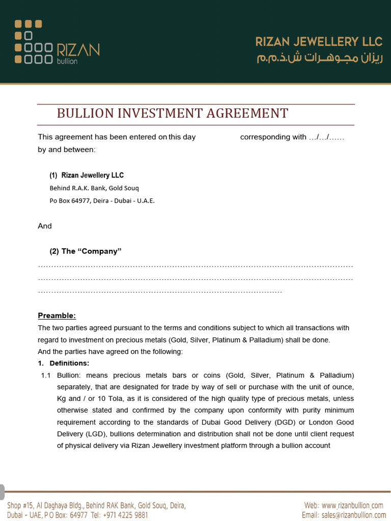 Rizan Jewellery Bullion Agreement | PDF | Precious Metals | Value ...