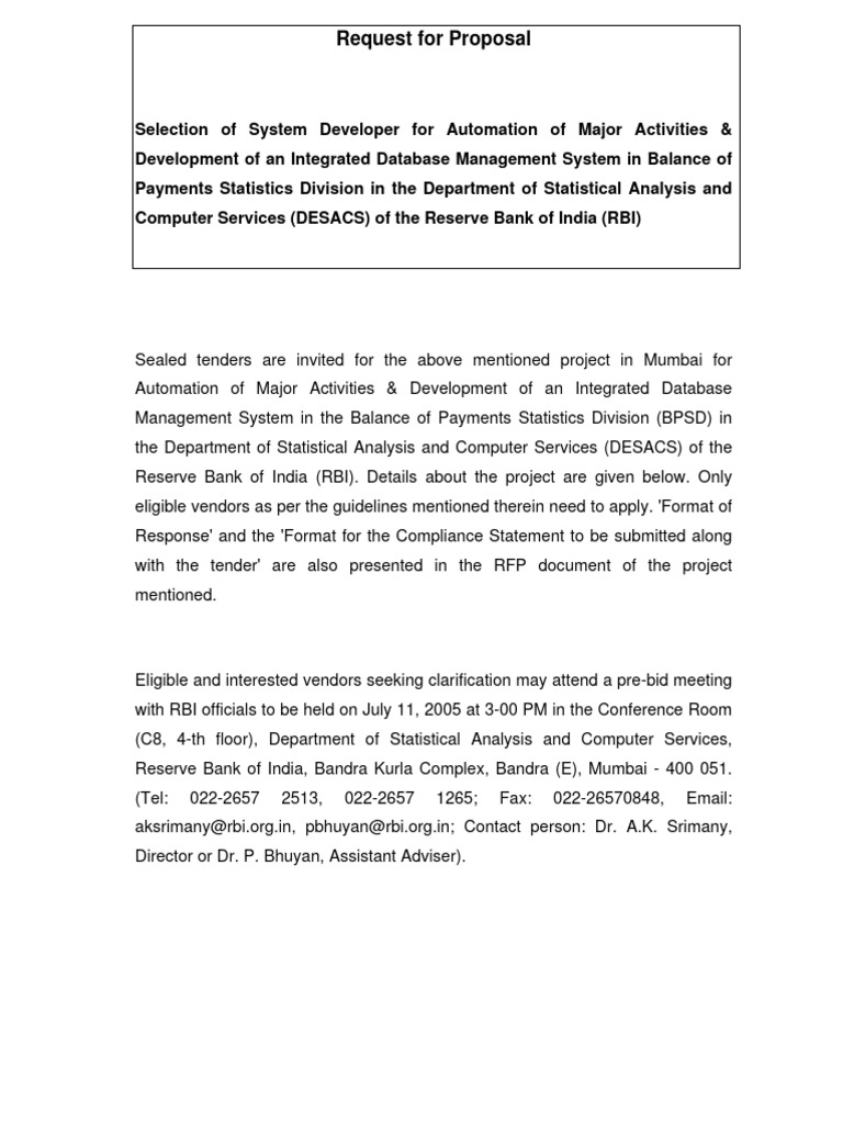 RBI RFP For Automation System Development | PDF | Databases | Request For Proposal