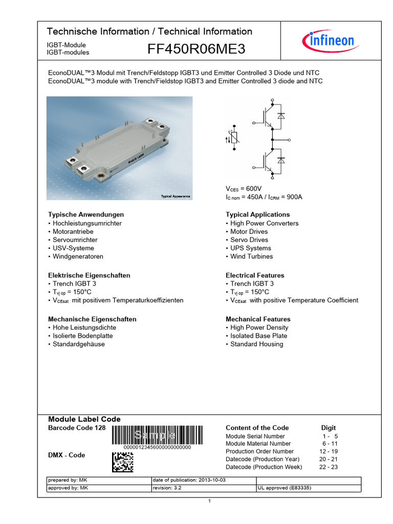 Infineon Ff450r06me3 Ds v03 02 en | PDF