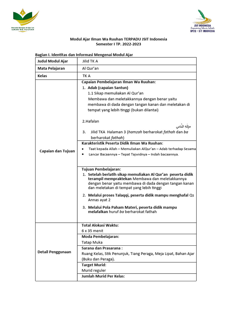Tk-Contoh Modul Ajar Iwr | PDF
