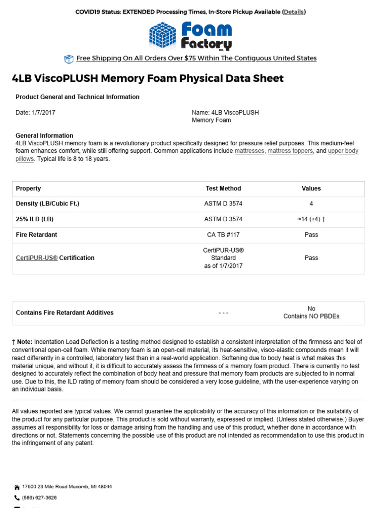 ViscoPLUSH Memory Foam Data Sheet & Properties - Foam Factory, Inc | PDF