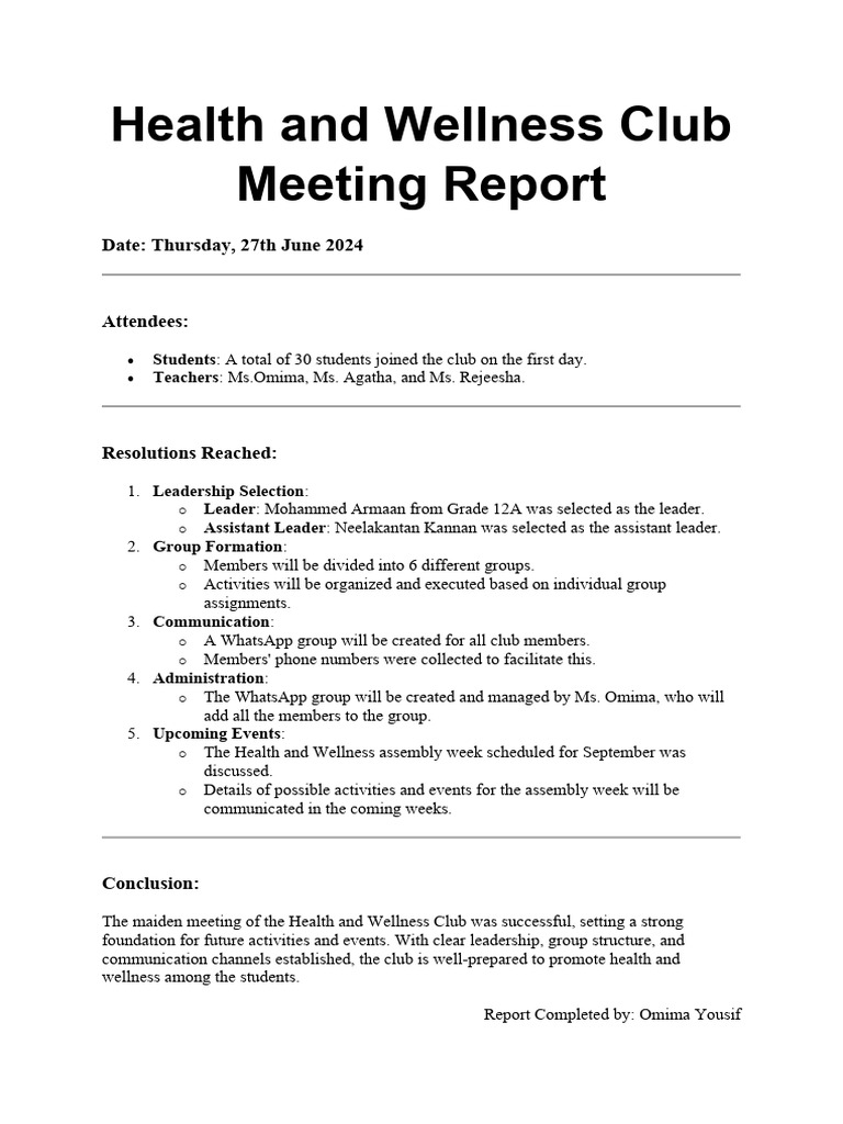 Health and Wellness Club Meeting Report | PDF