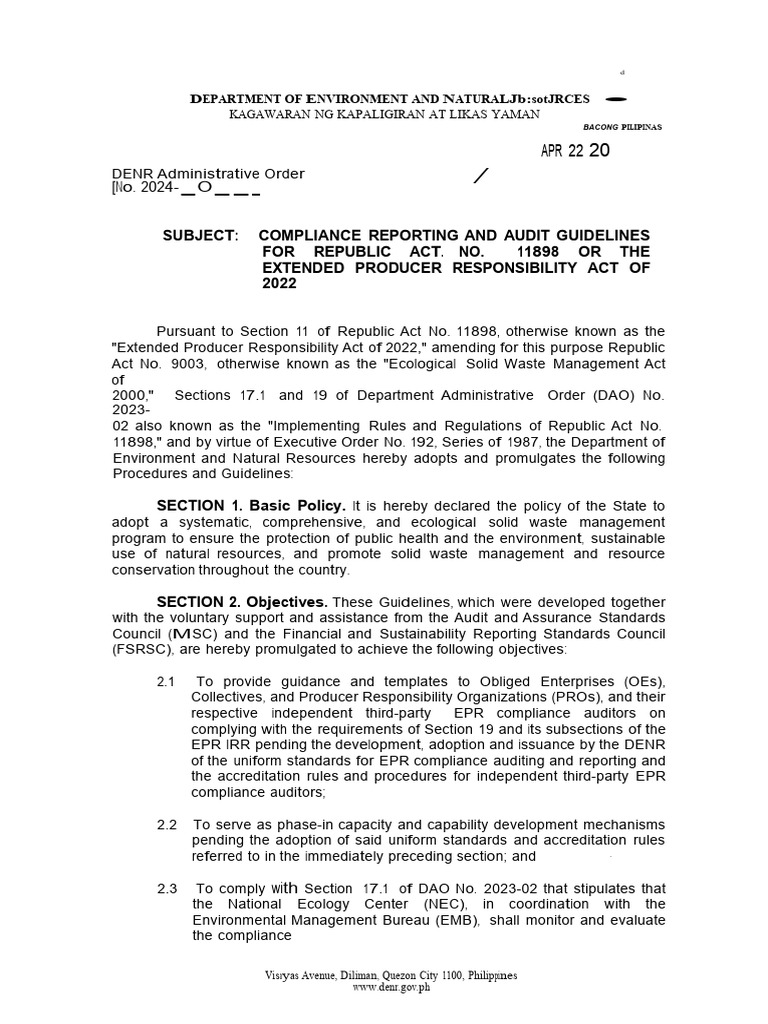 00 Denr Dao No. 2024-04 - Compliance Reporting and Audit Guidelines For Republic Act No. 11898 ...
