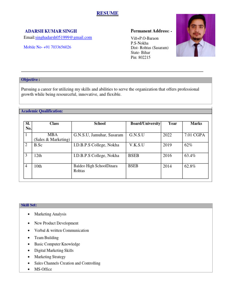 Adarsh Kumar Singh's Resume | PDF