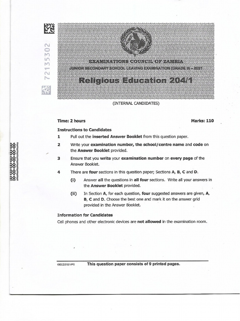 G9-Religious Education 2021 Paper 1 Internal | PDF